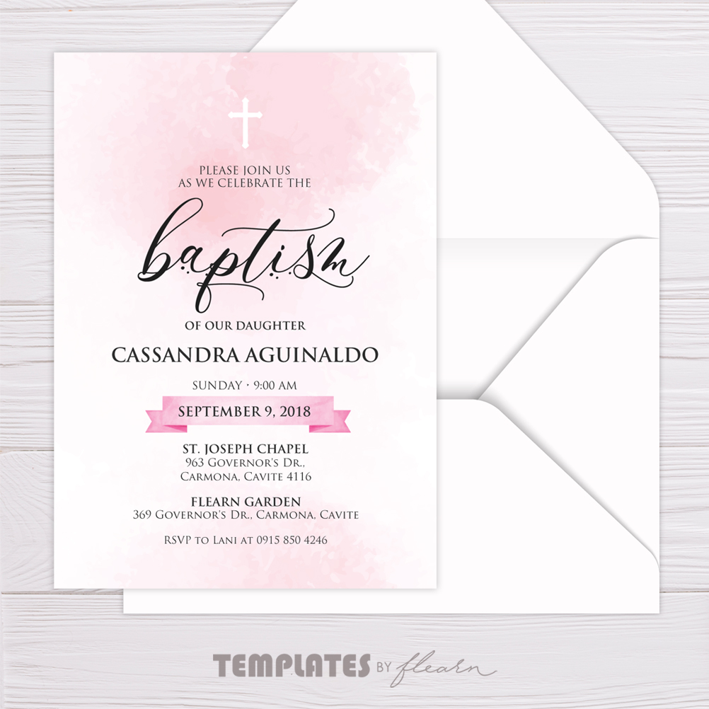 Pink Watercolor Baptism Invitation Template – Dgtally