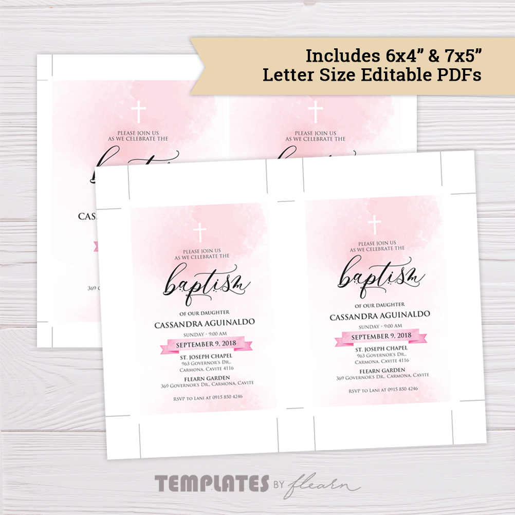 Pink Watercolor Baptism Invitation Template – Dgtally