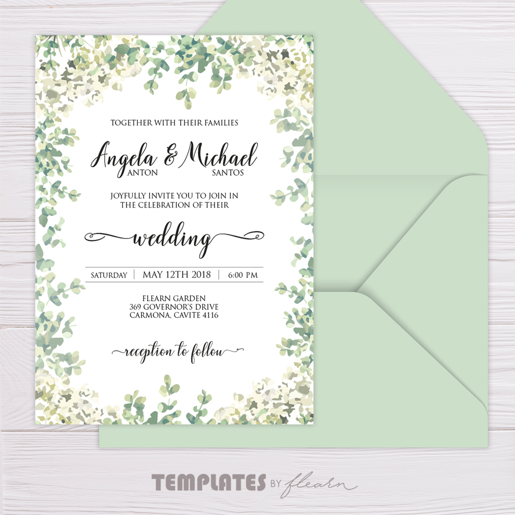 Watercolor Leaves Wedding Invitation, White & Green, Greenery – Dgtally