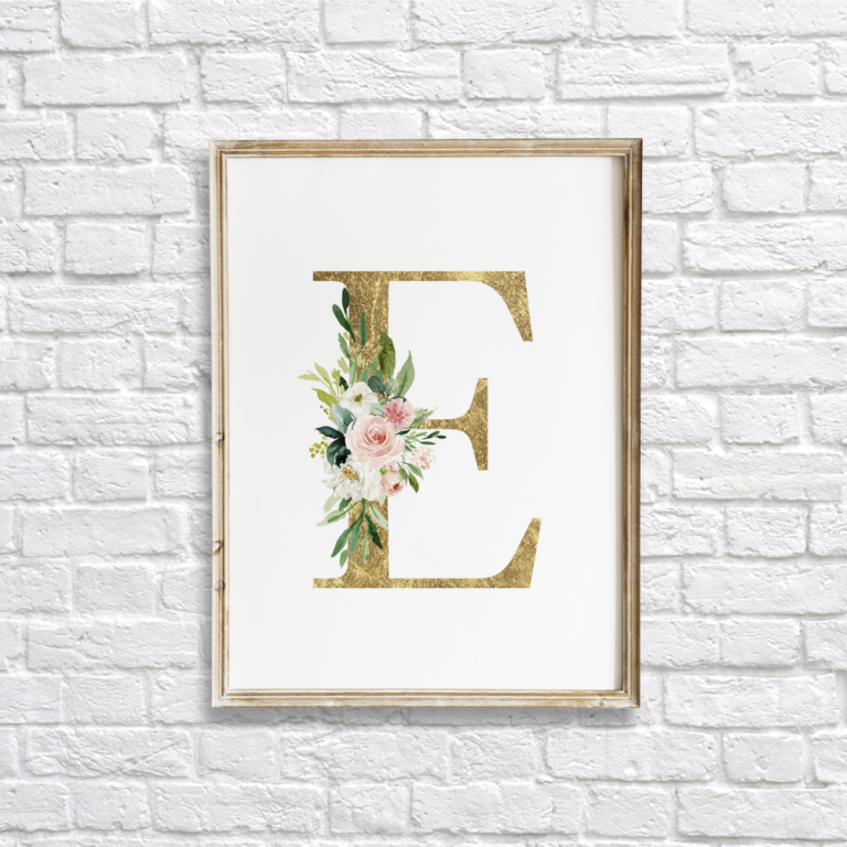 Initial Gold Letter E with Blush Flowers Wall Art Room Decor Printable ...