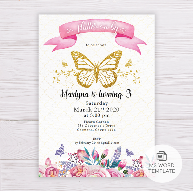 Butterfly Invitation Template with Watercolor Flowers/Floral Wreath ...