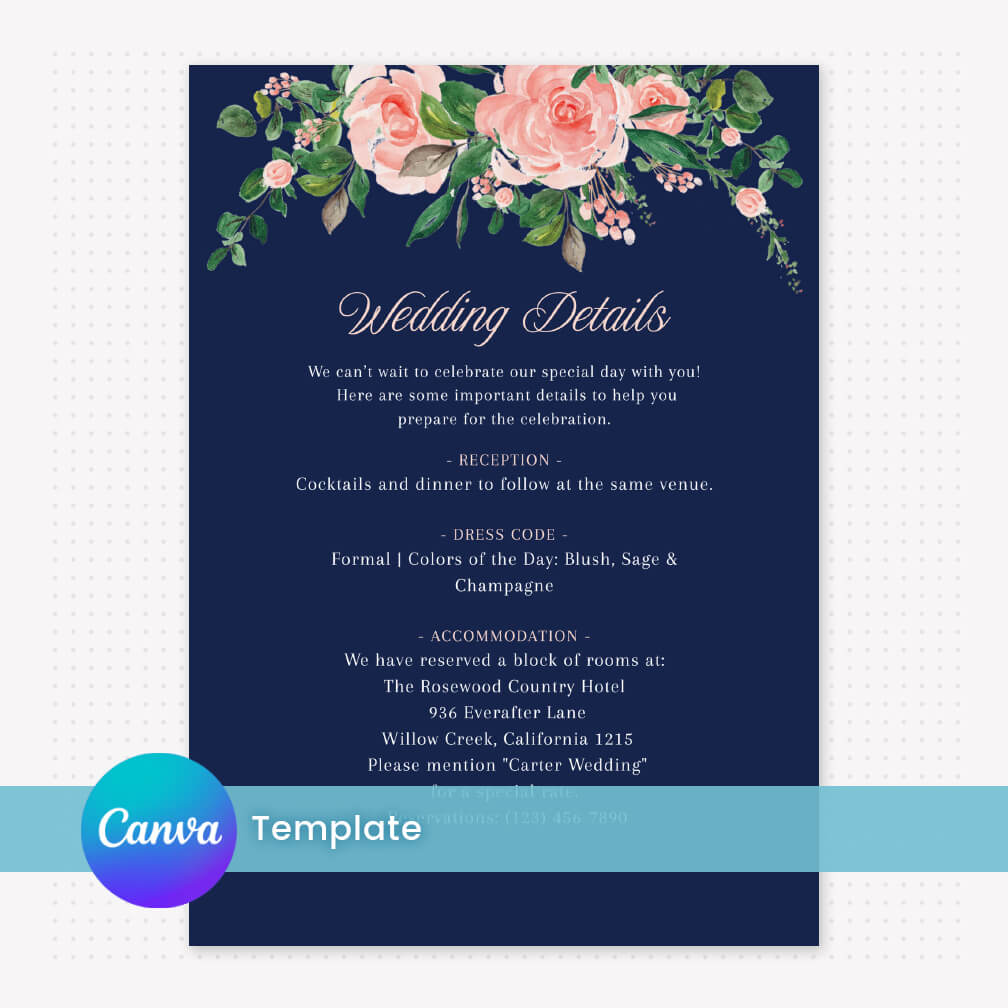 Navy Blue Floral Wedding Invitation Set Template - Dgtally