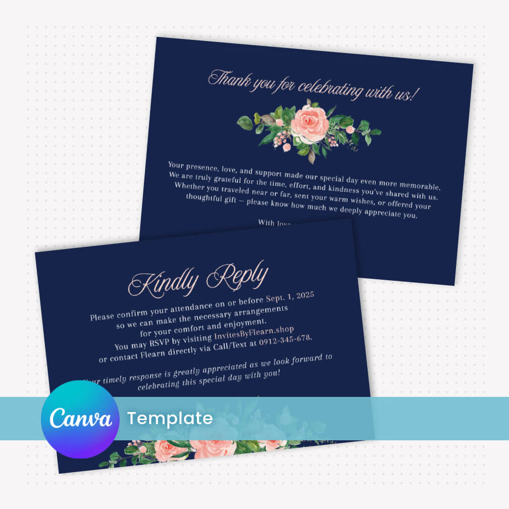 Navy Blue Floral Wedding Invitation Set Template - Dgtally