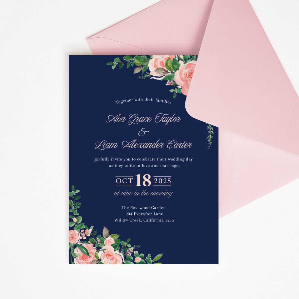 Navy Blue Floral Wedding Invitation Set Template - Dgtally