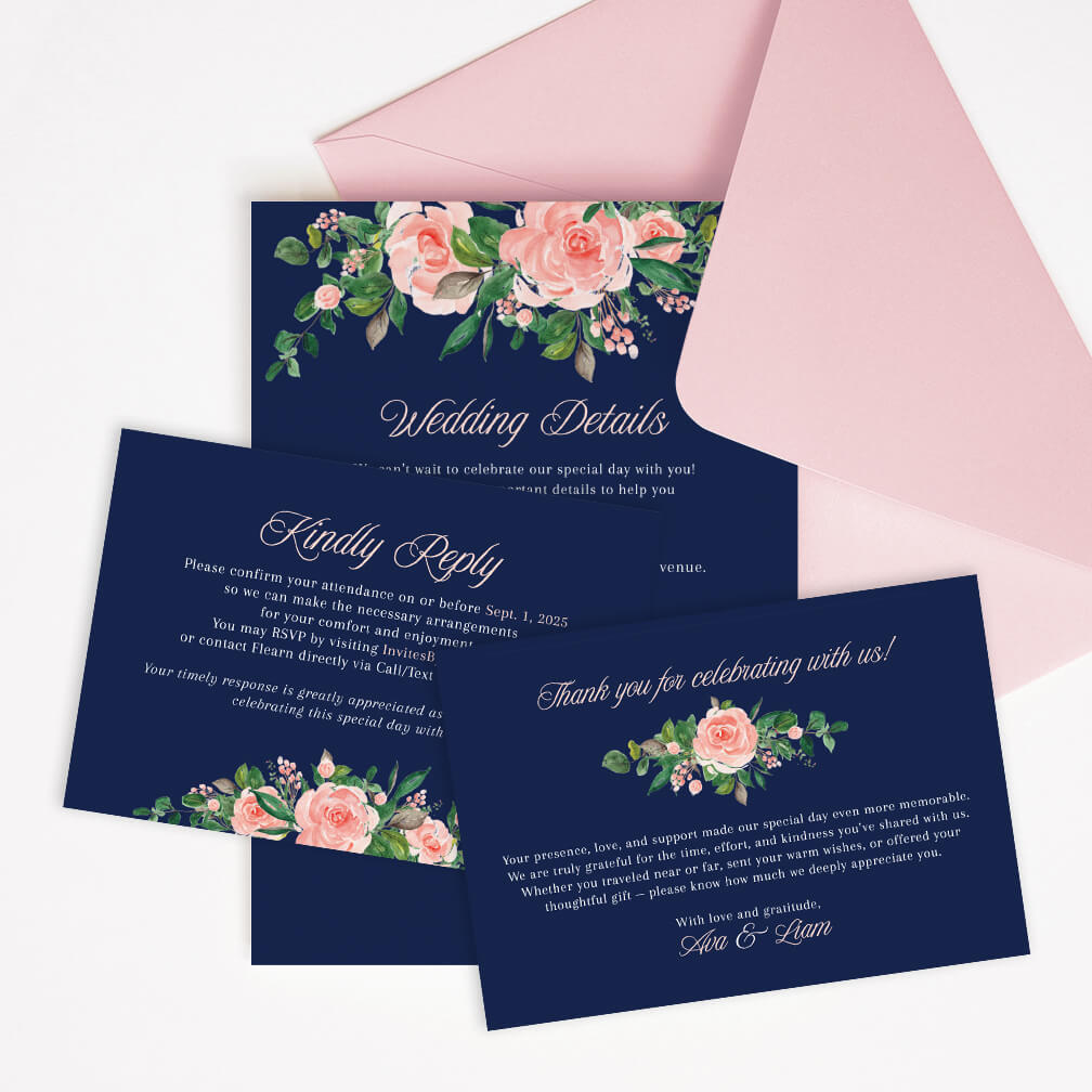 Navy Blue Floral Wedding Invitation Set Template - Dgtally