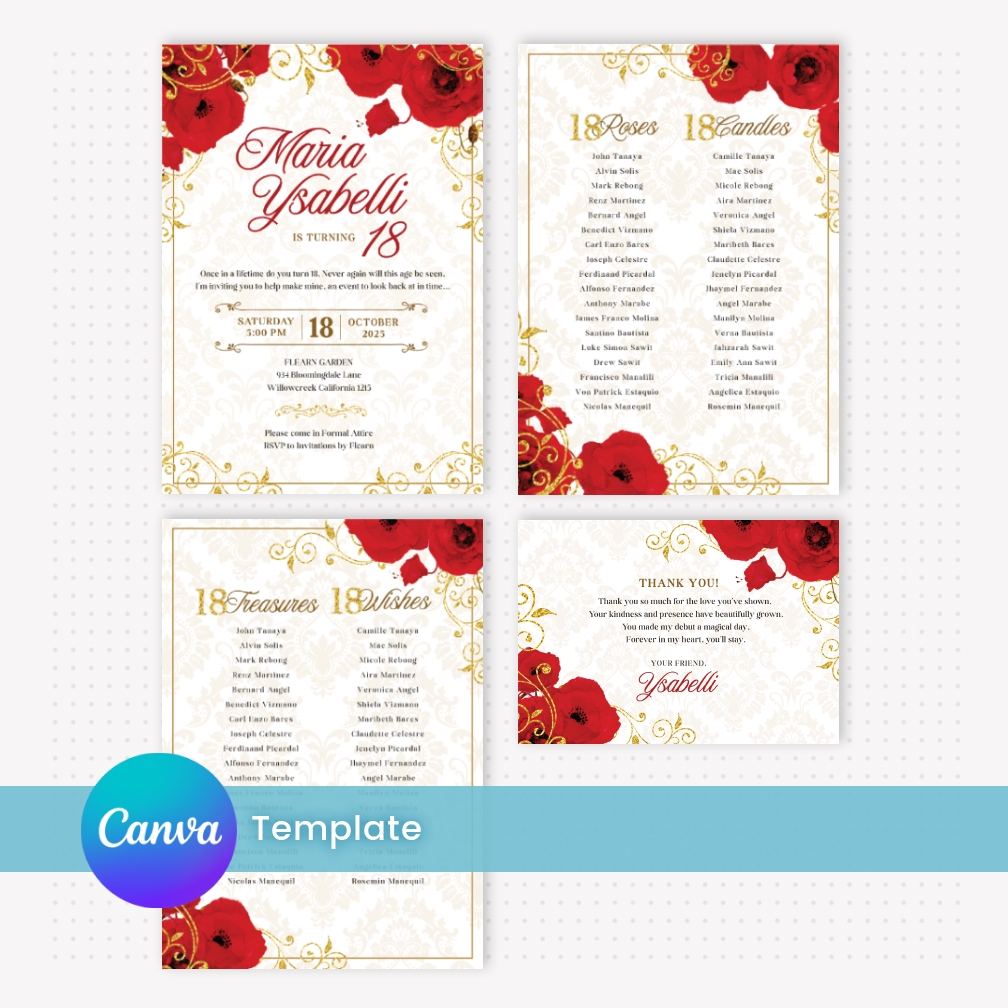 Debut Invitation Template - Royal, Red Flowers & Gold Ornaments - Dgtally